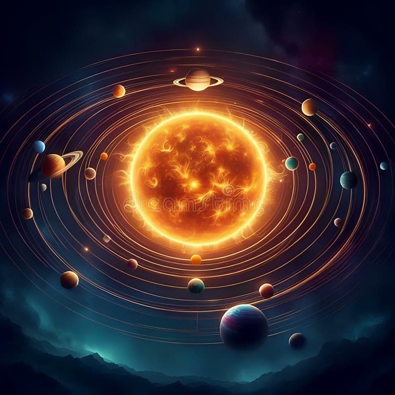The Sun Being Orbited by Celestial Bodies Stock Illustration ...