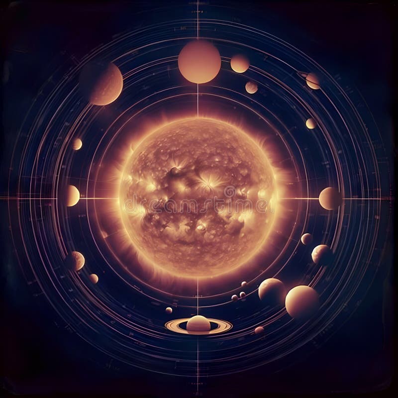 The Sun Being Orbited by Celestial Bodies Stock Illustration ...