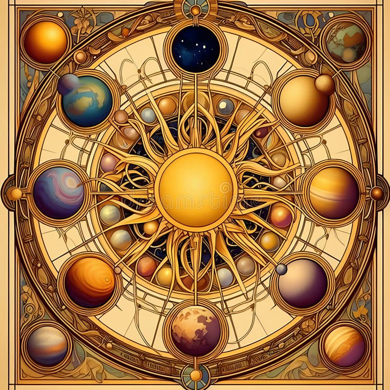 The Sun Being Orbited by Celestial Bodies Stock Illustration ...