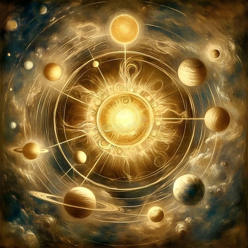 The Sun Being Orbited by Celestial Bodies Stock Illustration ...