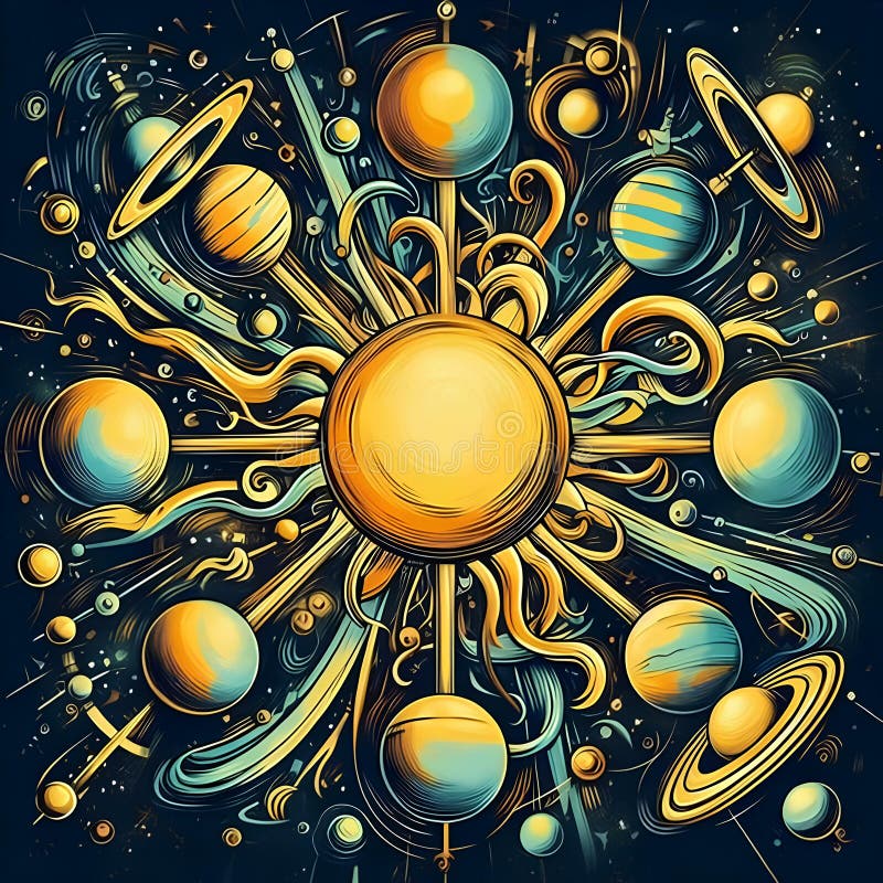 The Sun Being Orbited by Celestial Bodies Stock Illustration ...