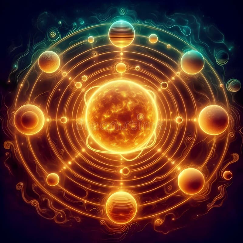 The Sun Being Orbited by Celestial Bodies Stock Illustration ...