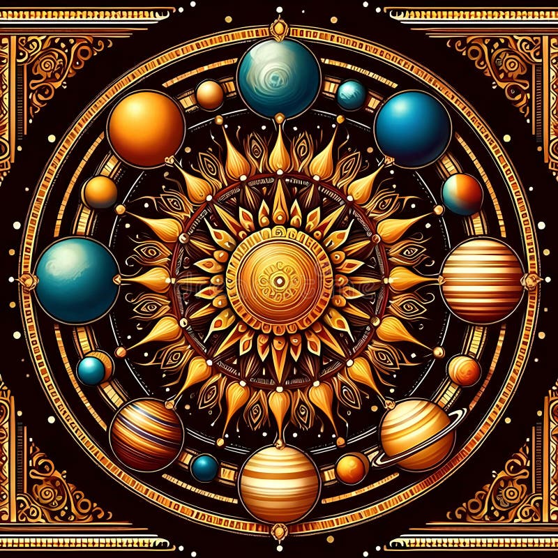 The Sun Being Orbited by Celestial Bodies Stock Illustration ...