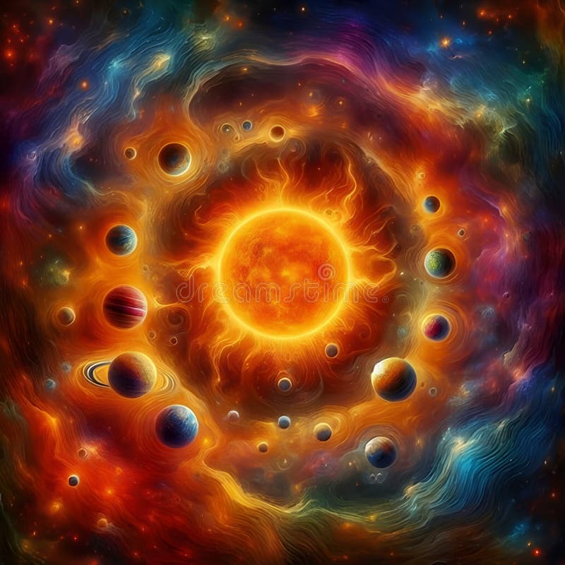 The Sun Being Orbited by Celestial Bodies Stock Illustration ...