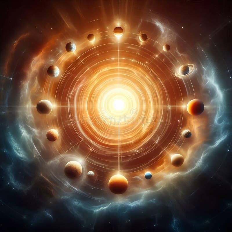 The Sun Being Orbited by Celestial Bodies Stock Illustration ...