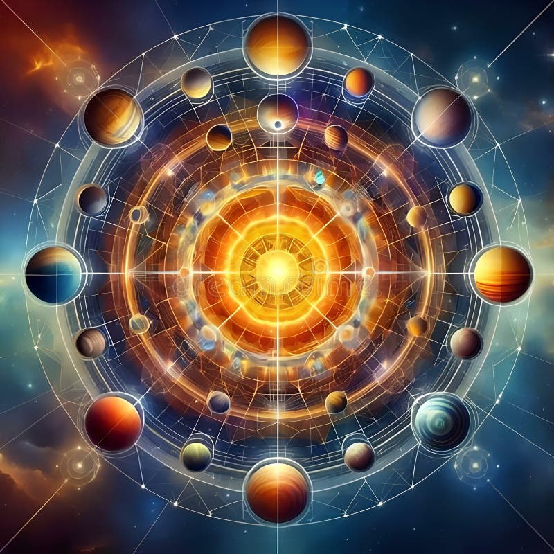 The Sun Being Orbited by Celestial Bodies Stock Illustration ...