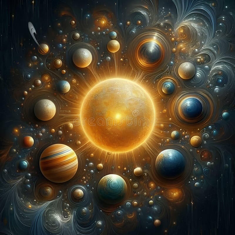 The Sun Being Orbited by Celestial Bodies Stock Illustration ...