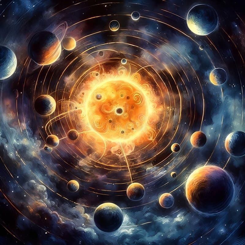 The Sun Being Orbited by Celestial Bodies Stock Illustration ...