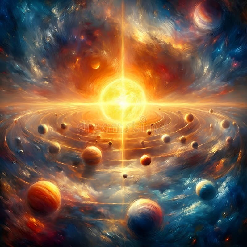 The Sun Being Orbited by Celestial Bodies Stock Illustration ...