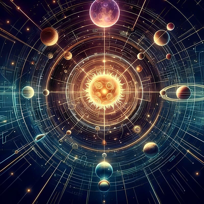 The Sun Being Orbited by Celestial Bodies Stock Illustration ...