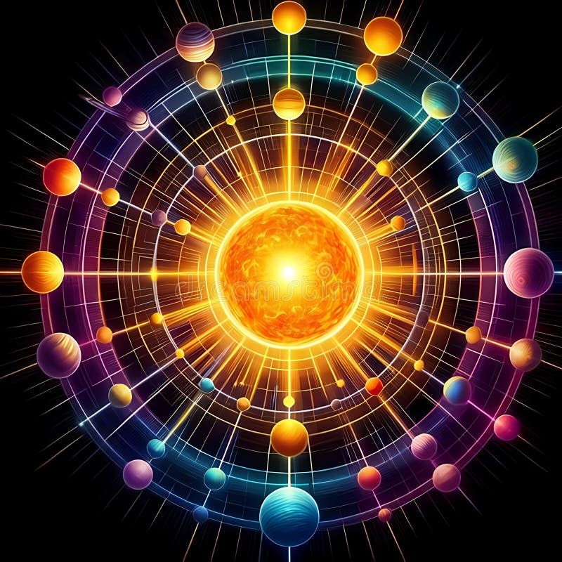 The Sun Being Orbited by Celestial Bodies Stock Illustration ...