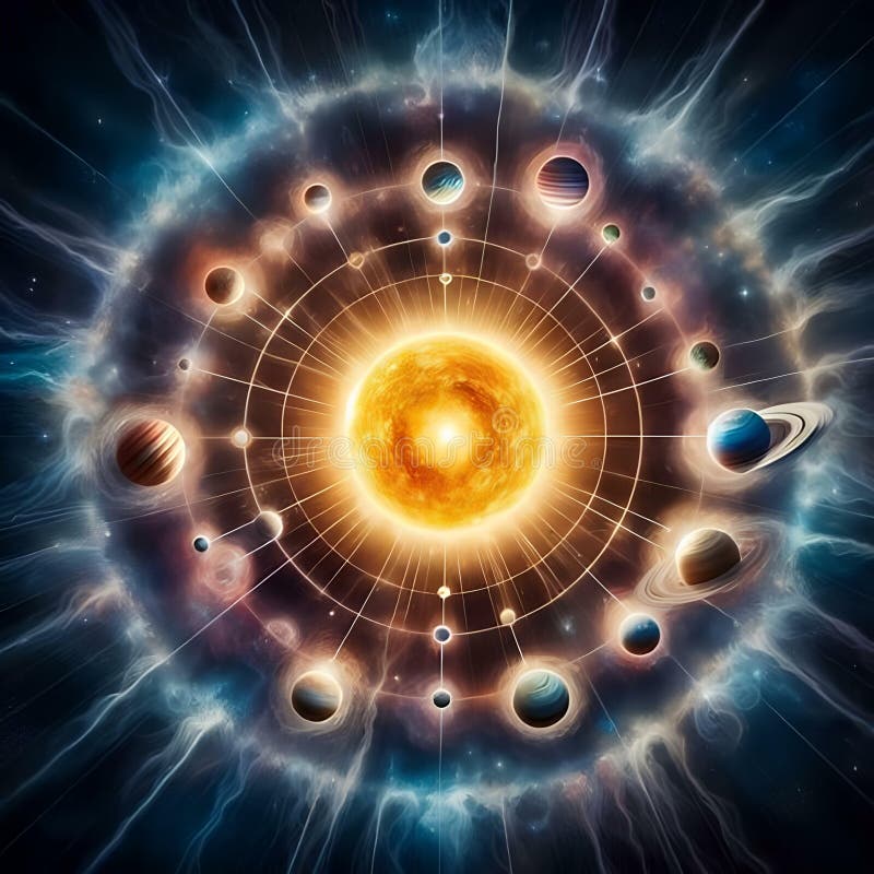 The Sun Being Orbited by Celestial Bodies Stock Illustration ...