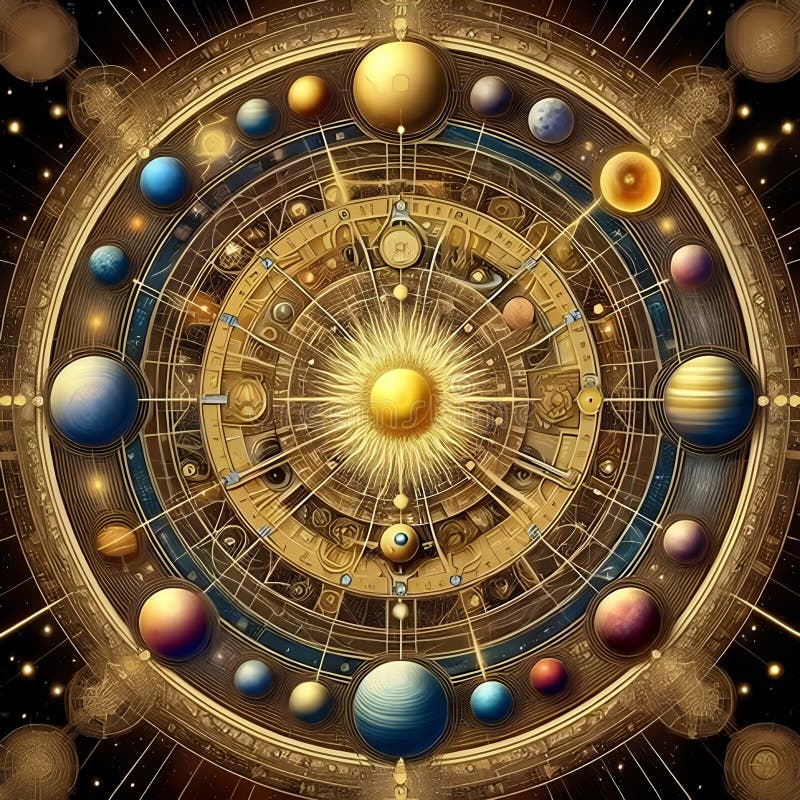 The Sun Being Orbited by Celestial Bodies Stock Illustration ...