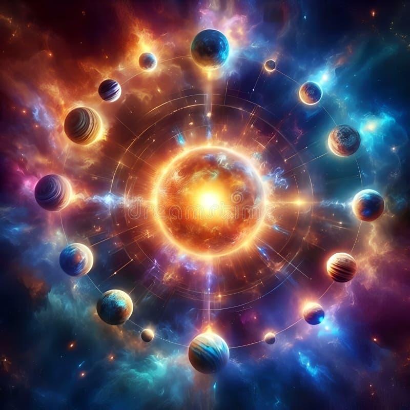 The Sun Being Orbited by Celestial Bodies Stock Illustration ...