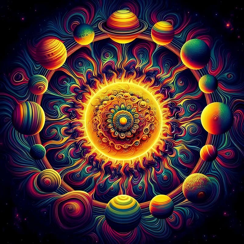 The Sun Being Orbited by Celestial Bodies Stock Illustration ...