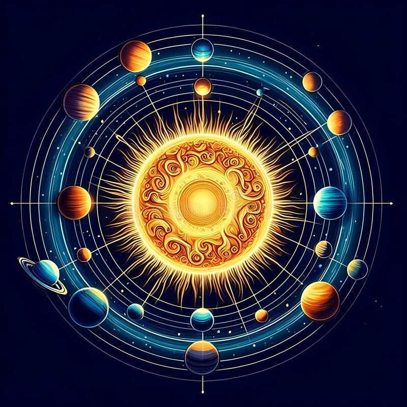 The Sun Being Orbited by Celestial Bodies Stock Illustration - Illustration of space, solar ...