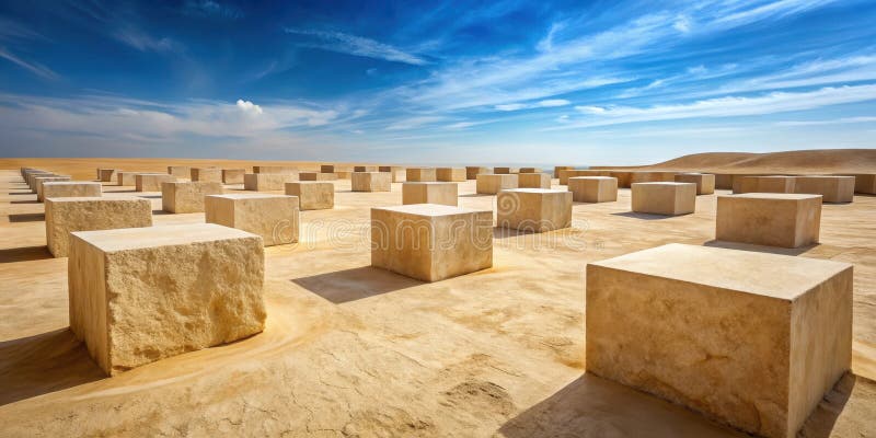 Sun-bleached Cubic Structures on Expansive Sandy Terrain Under a Vivid ...