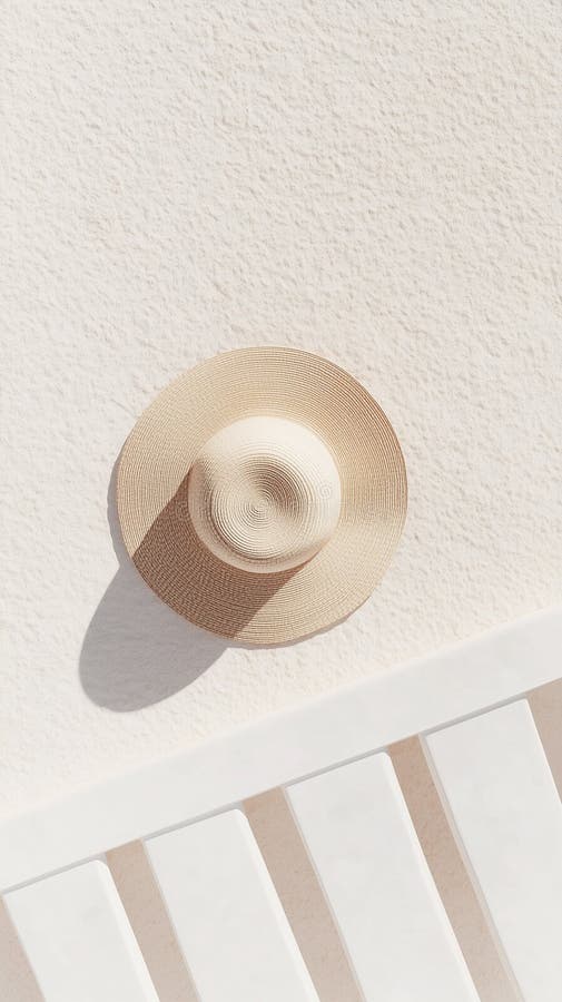 Sun Bleached Straw Hat Hangs Against Pristine White Wall Casting Soft ...