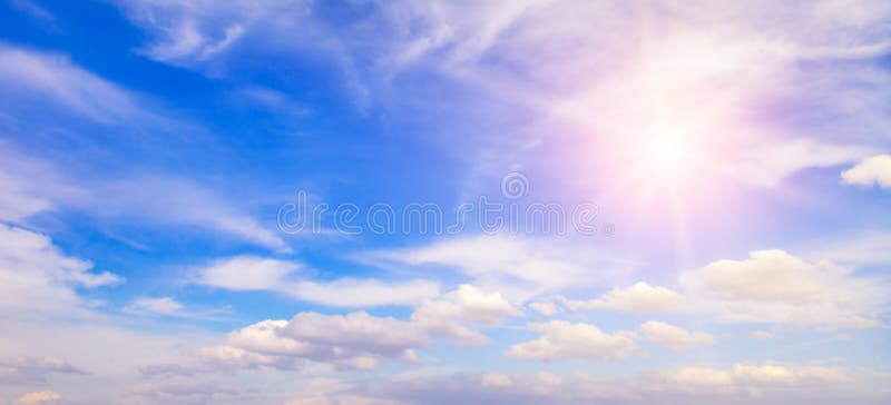 Sun on Blue Sky with White Clouds. Wide Photo Stock Photo - Image of ...