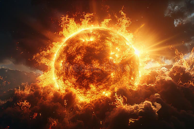 Of the Sun Burning in the Dark Sky, Isolated on a Black Background, in ...