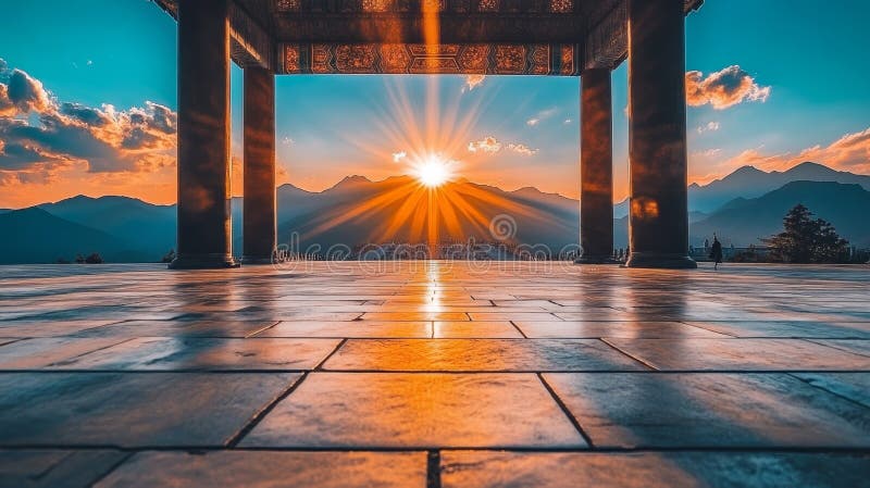 Sun Bursting through Pavilion with Dramatic Mountain View at Sunset ...