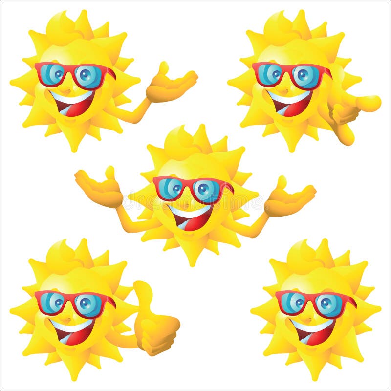 Sun Cartoon Character with Blue Sunglasses Set Stock Vector ...