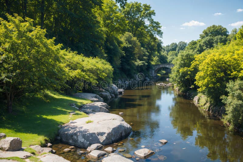 The Sun Cast Golden Rays Over the Stone Bridge Spanning the River Stock ...
