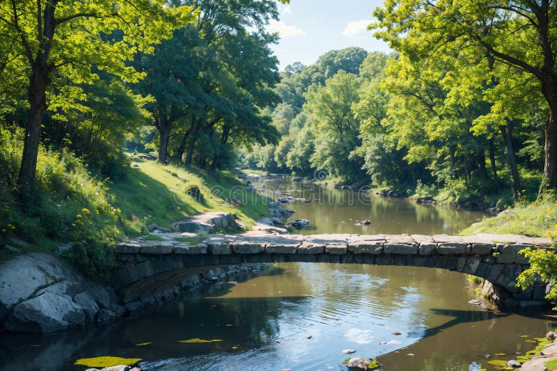 The Sun Cast Golden Rays Over the Stone Bridge Spanning the River Stock ...