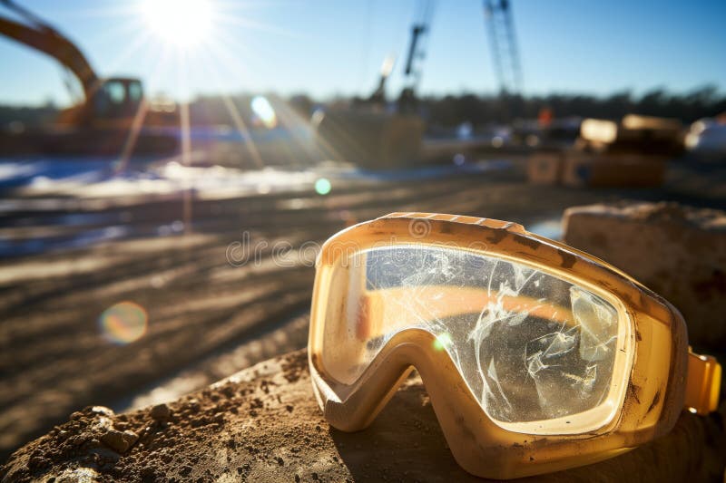 Sun Casting Glares Off Safety Goggles at a Construction Zone Stock ...