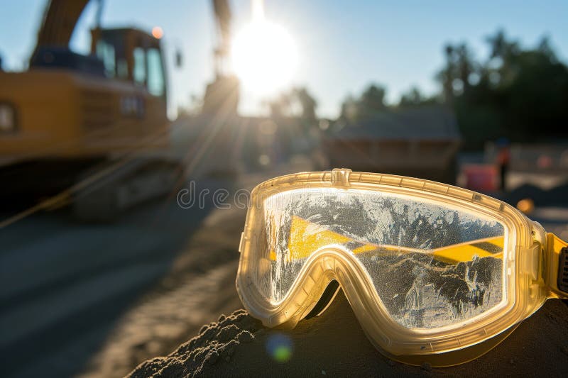 Sun Casting Glares Off Safety Goggles at a Construction Zone Stock ...