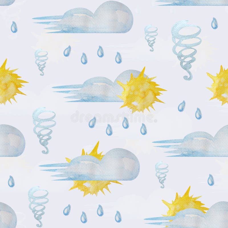 Sun, Cloud, Tornado, Weather, Rain Watercolor Seamless Pattern Stock Illustration - Illustration ...