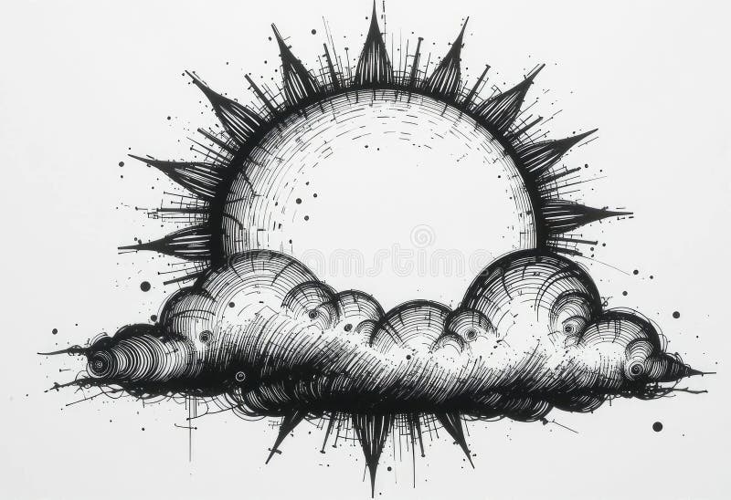 Sun and Clouds Black Ink Drawing with Abstract Rays Style Stock ...