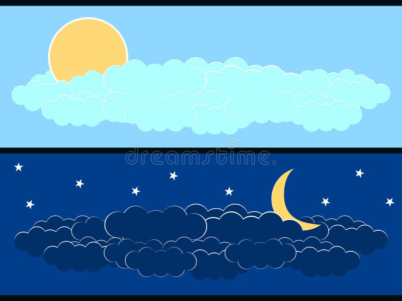 Sun with Clouds, Moon and Clouds. Banners with the Time of Day Stock ...