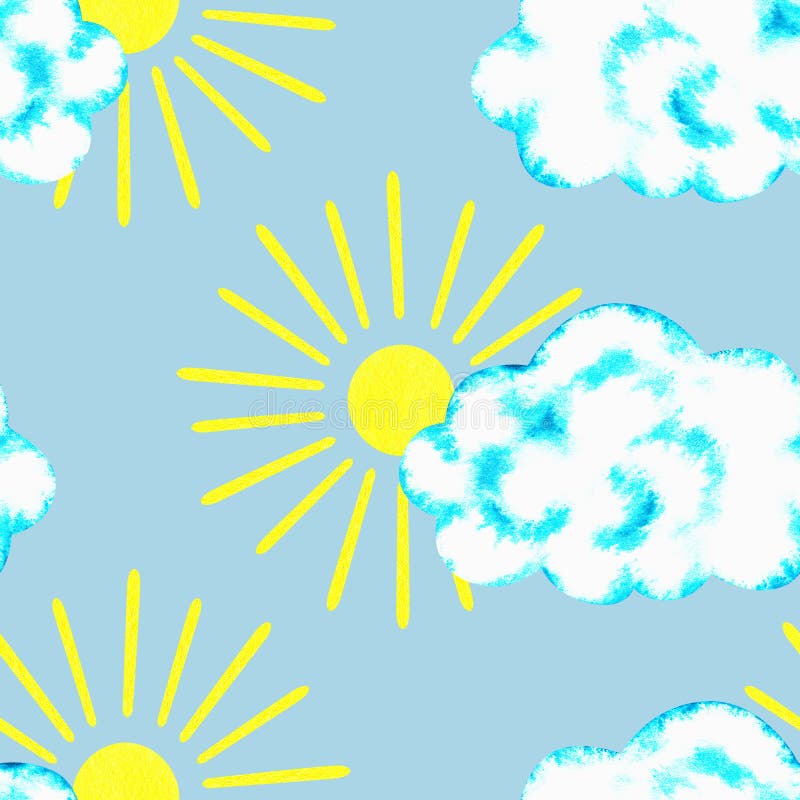 The Sun and Clouds. Seamless Pattern. Watercolor Illustration. Isolated ...