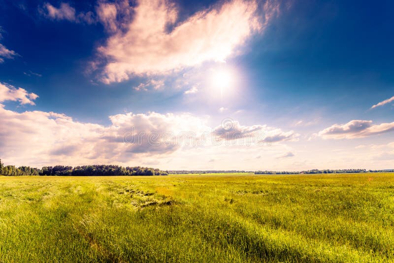 Sun Comes Out of Cumulus Clouds and Illuminates a Fields Stock Image ...