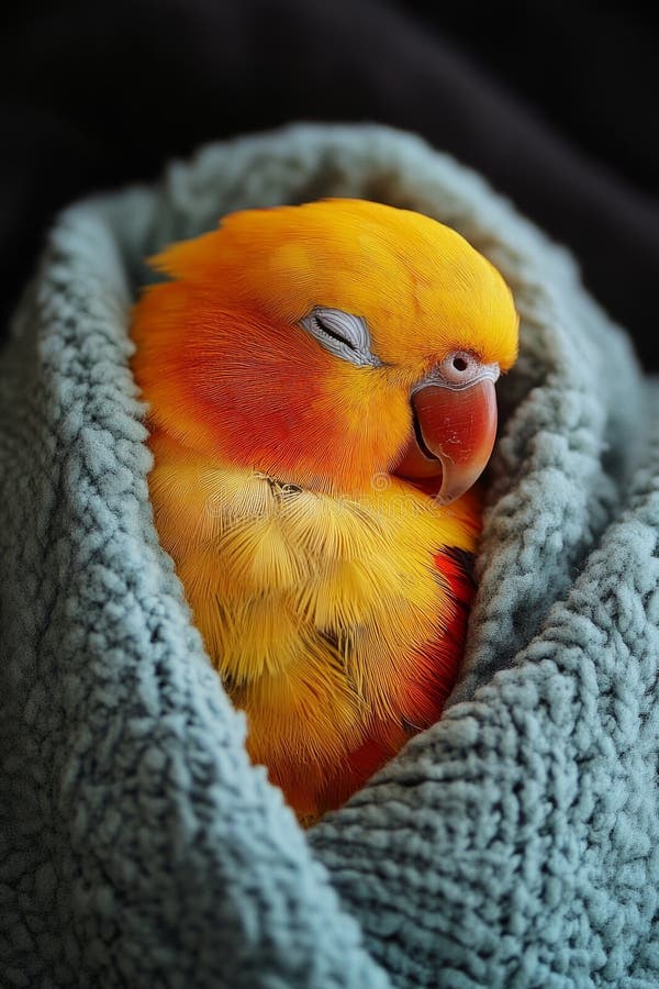 Sun Conure Parrot Sleeping Comfortably, Wrapped in a Soft, Fluffy ...