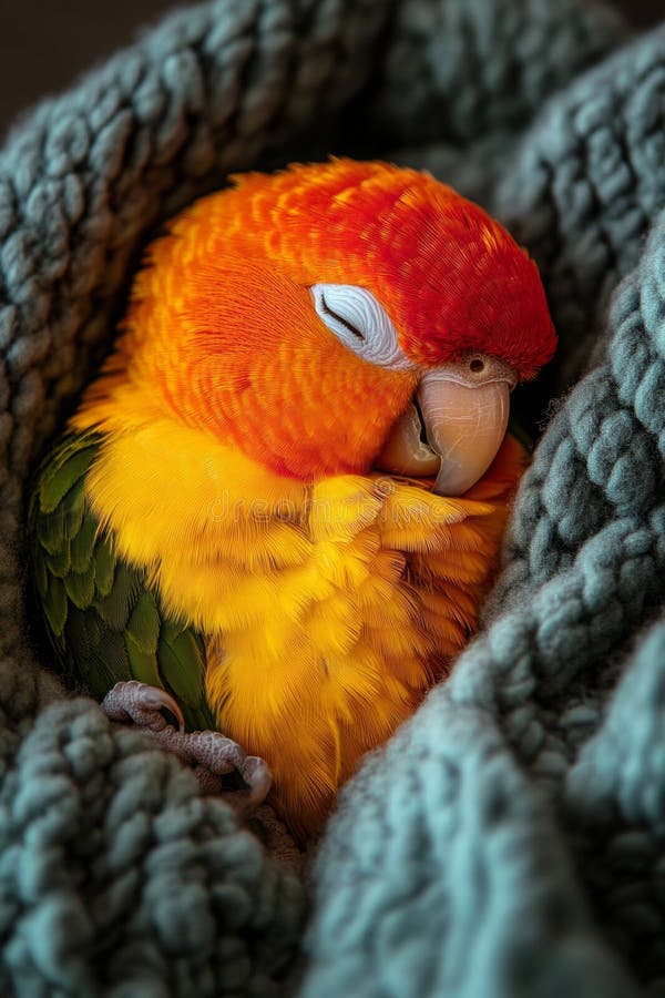 Sun Conure Parrot Sleeping, Feeling Safe and Warm, Covered by a Soft ...