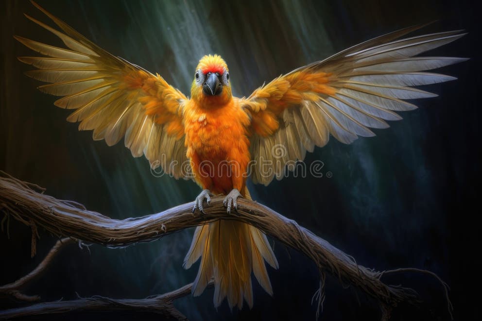 Sun Conure Perched on a Branch with Outstretched Wings Stock ...