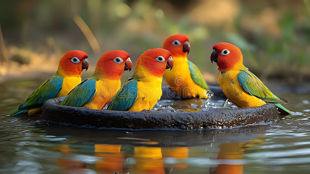 Sun Conures Bathing in a Forest Birdbath at Sunset Stock Illustration ...