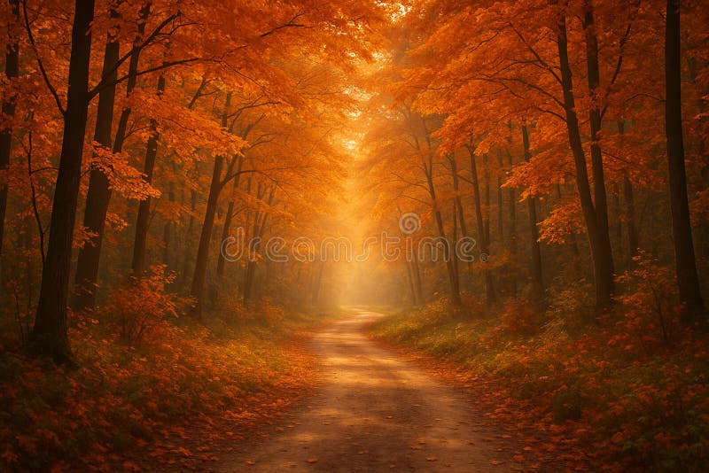 Sun-Dappled Autumn Forest Trail at Dusk Stock Illustration ...