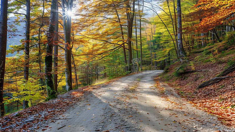 Sun-Dappled Autumn Path a Serene Forest Road Winds through Vibrant Fall ...