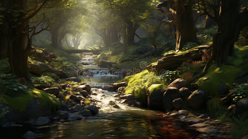 A Sun-dappled Forest with a Babbling Brook Stock Illustration - Illustration of sunlight, light ...