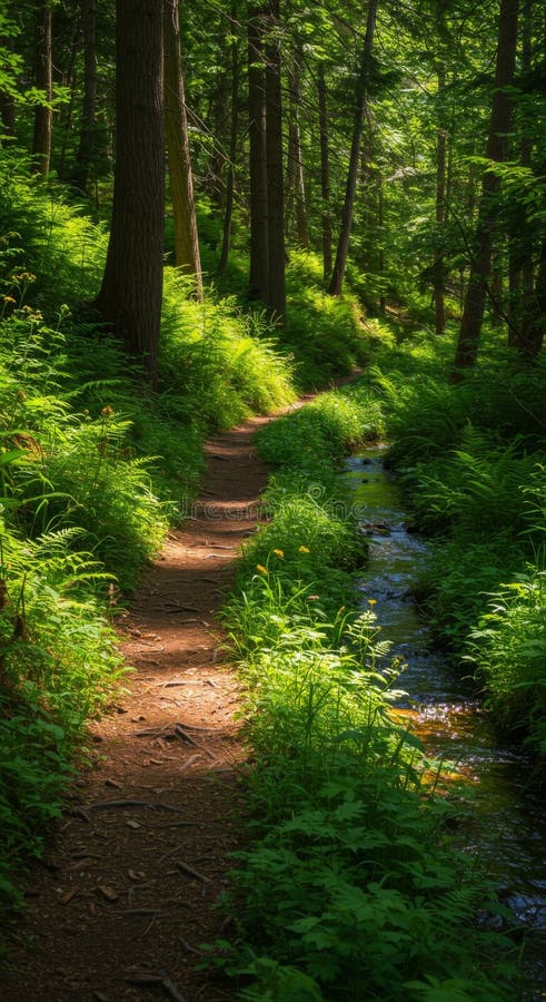 Sun Dappled Forest Path with Creek Stock Image - Image of sunlight ...