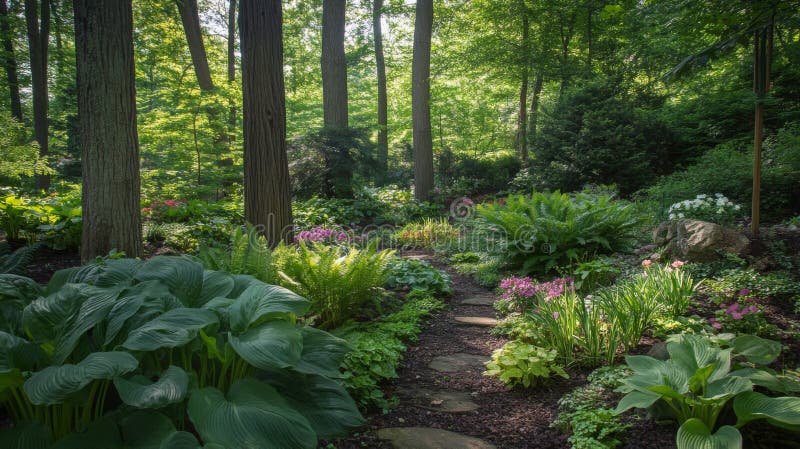 A Sun-Dappled Forest Path Lined with Lush Greenery Stock Illustration ...