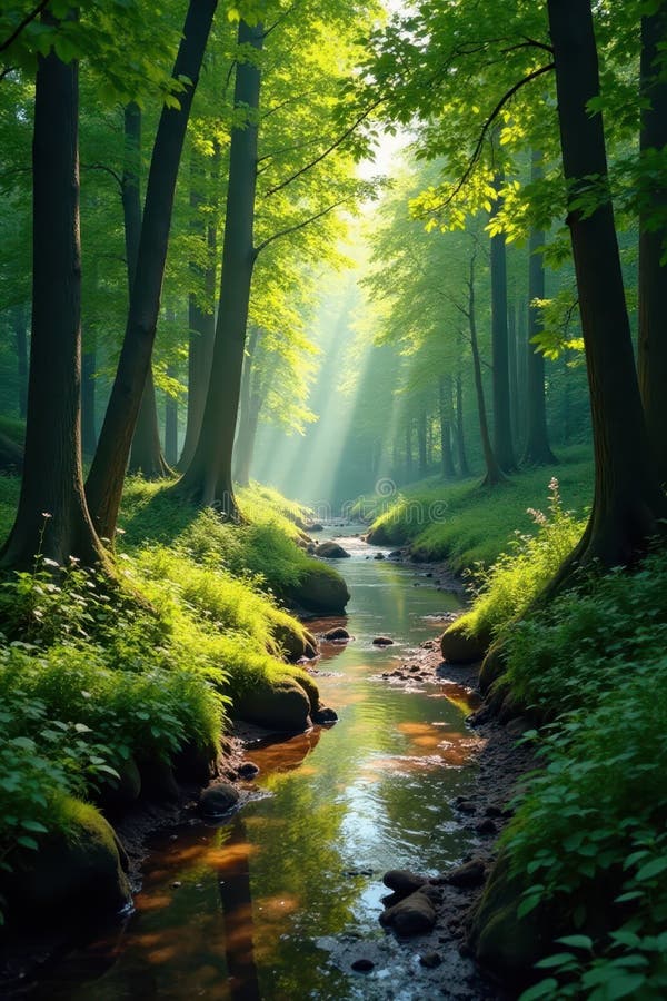 Sun Dappled Forest Path beside Tranquil Creek, Environment, Water Stock ...