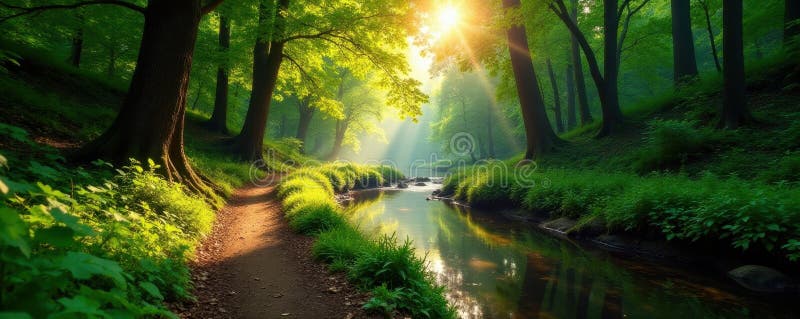 Sun Dappled Forest Path beside Tranquil Creek, Peaceful, Light Stock ...