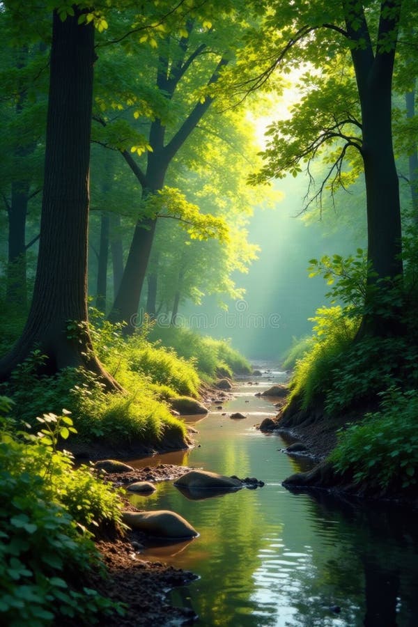 Sun Dappled Forest Path beside Tranquil Creek, Woods, Landscape, Wild Stock Illustration ...