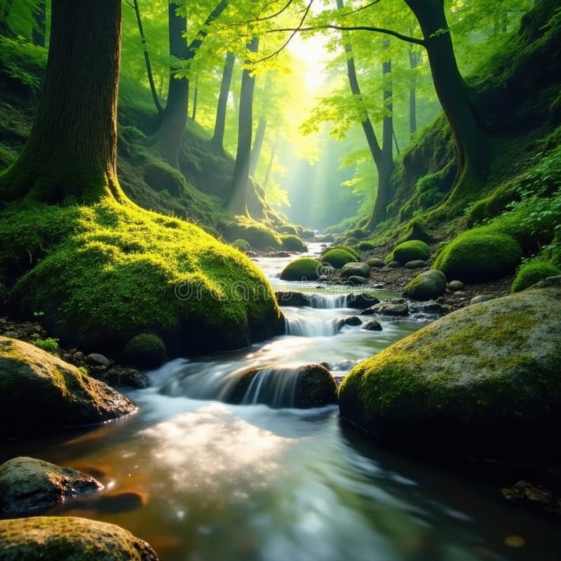 Sun Dappled Forest Stream, Moss Covered Rocks , Fall, Serene, Spring ...