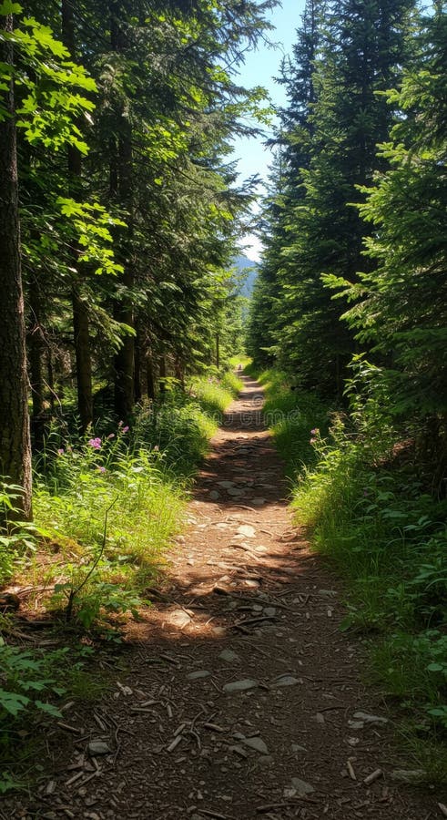 Sun Dappled Forest Trail Hiking Path Stock Illustration - Illustration ...