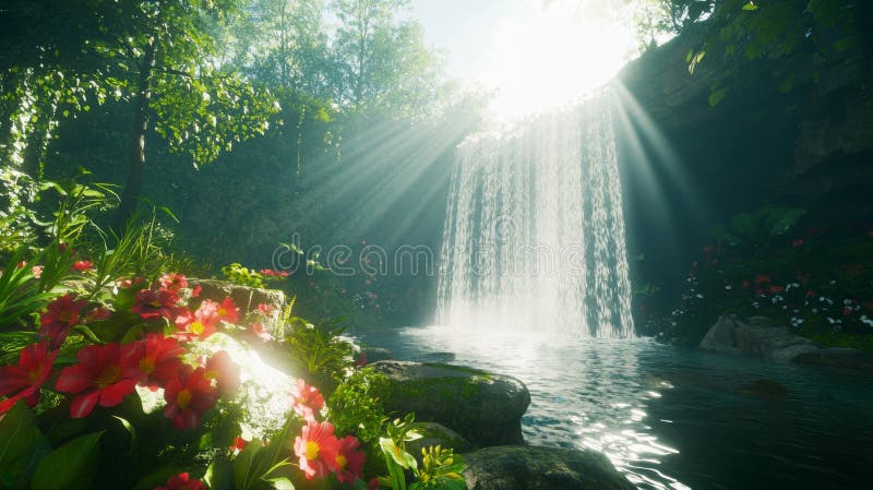 In a Sun-dappled Forest, a Tranquil Waterfall Cascades, Surrounded by ...